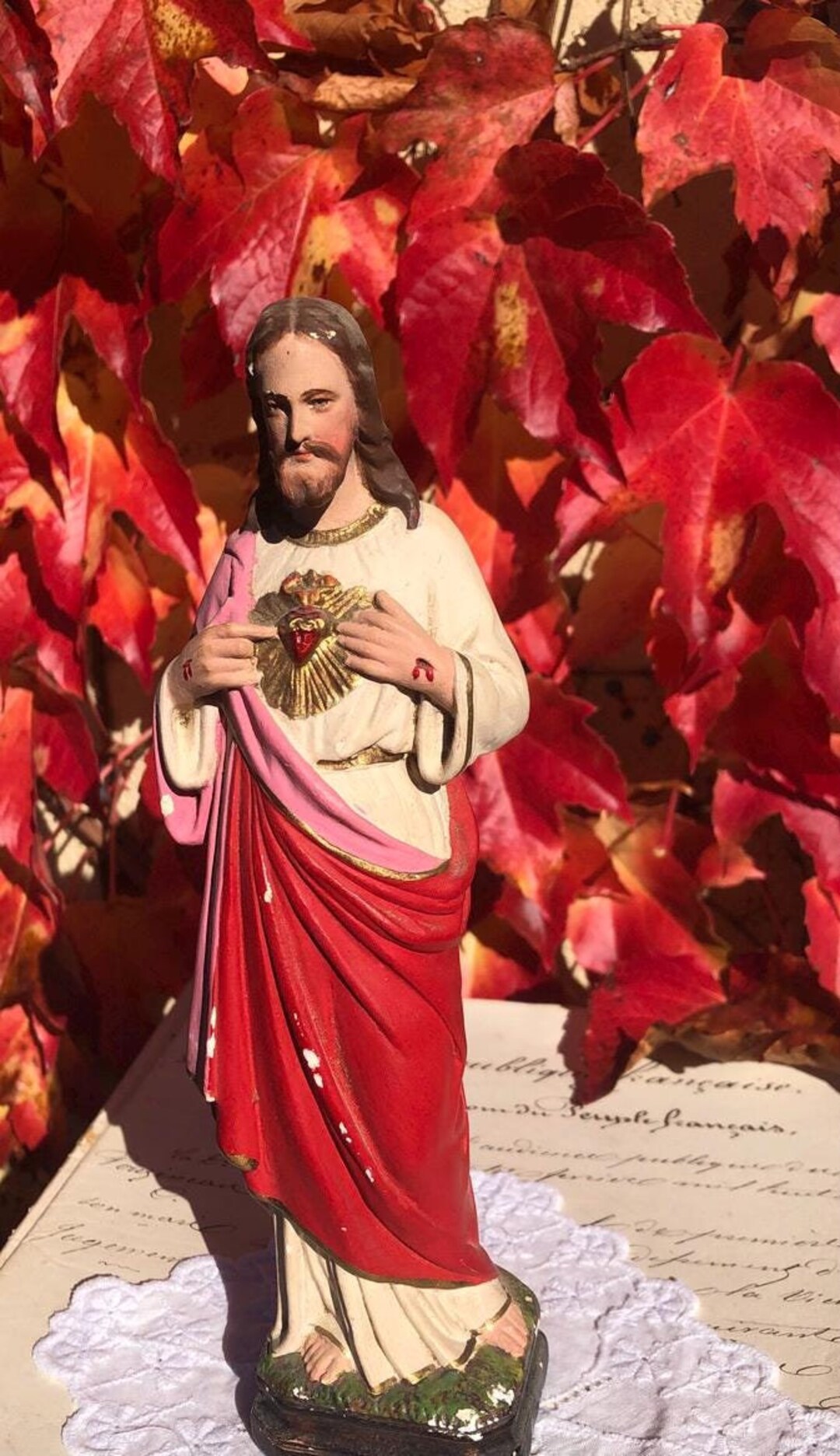 Antique French Statue Sacre Coeur Jesus Christ Sacred Heart Painted ...