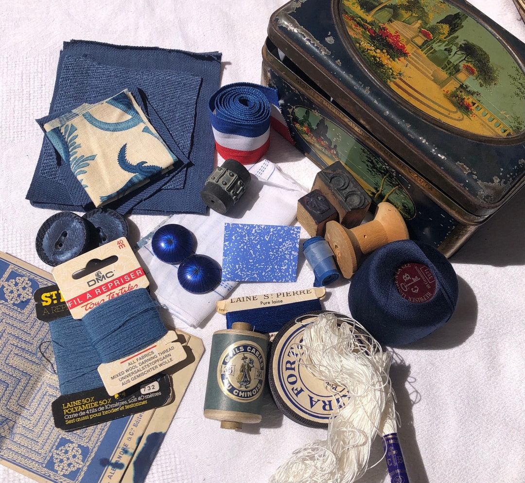 Vintage French Sewing Tin Craft Box With Old Thread, Buttons, Fabric ...