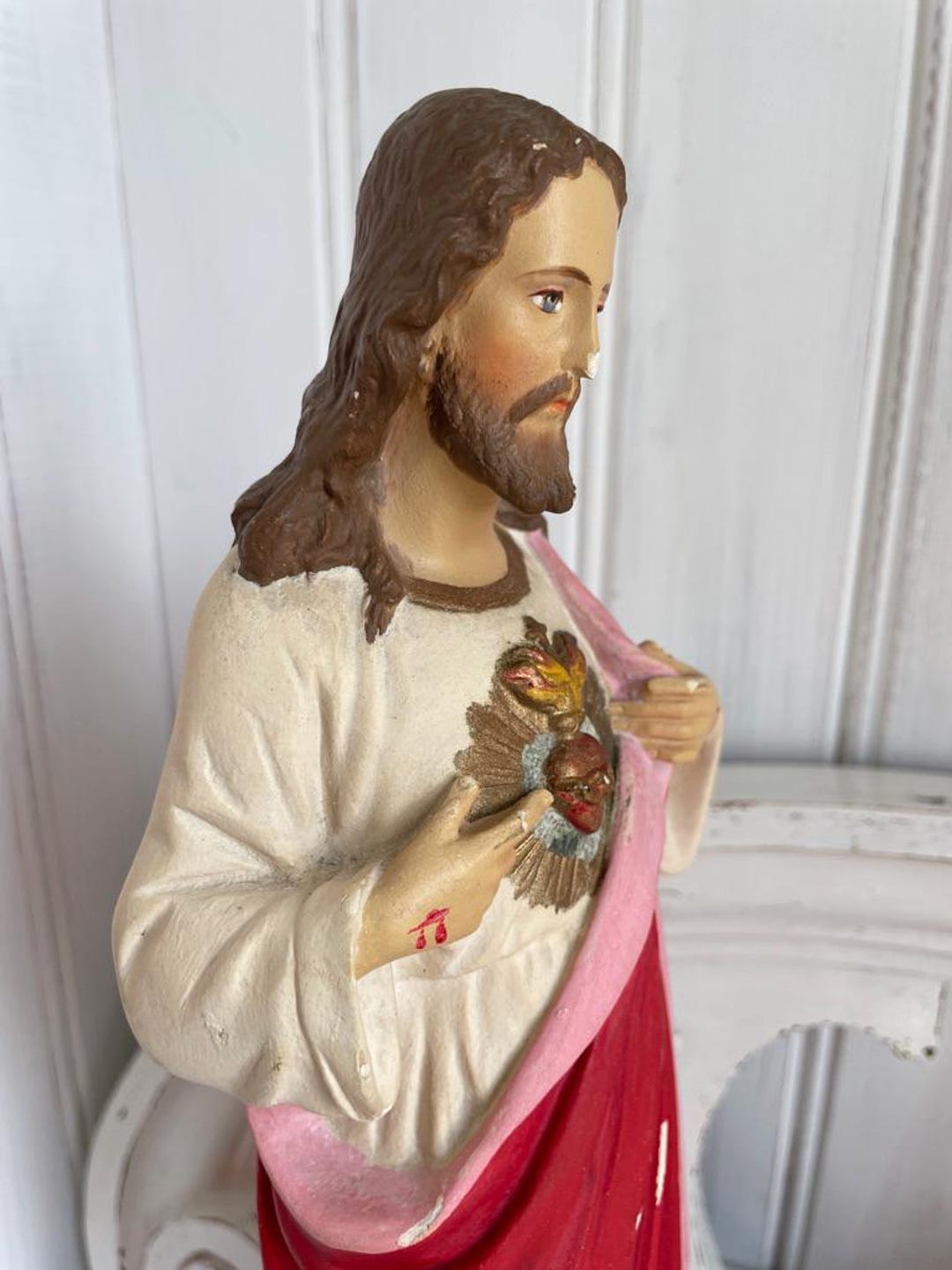 Antique French Statue Sacre Coeur Jesus Christ Sacred Heart Painted ...