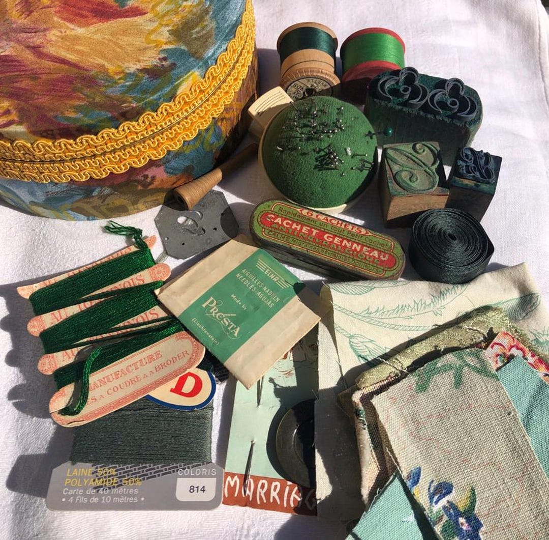 Vintage French Sewing Tin Craft Box With Old Thread, Buttons, Fabric ...