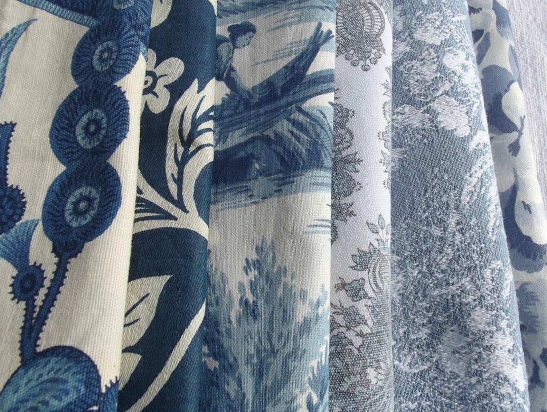 Bundle Vintage French Fabric Blue Blend Toile De Jouy Arabesque Flowers ...