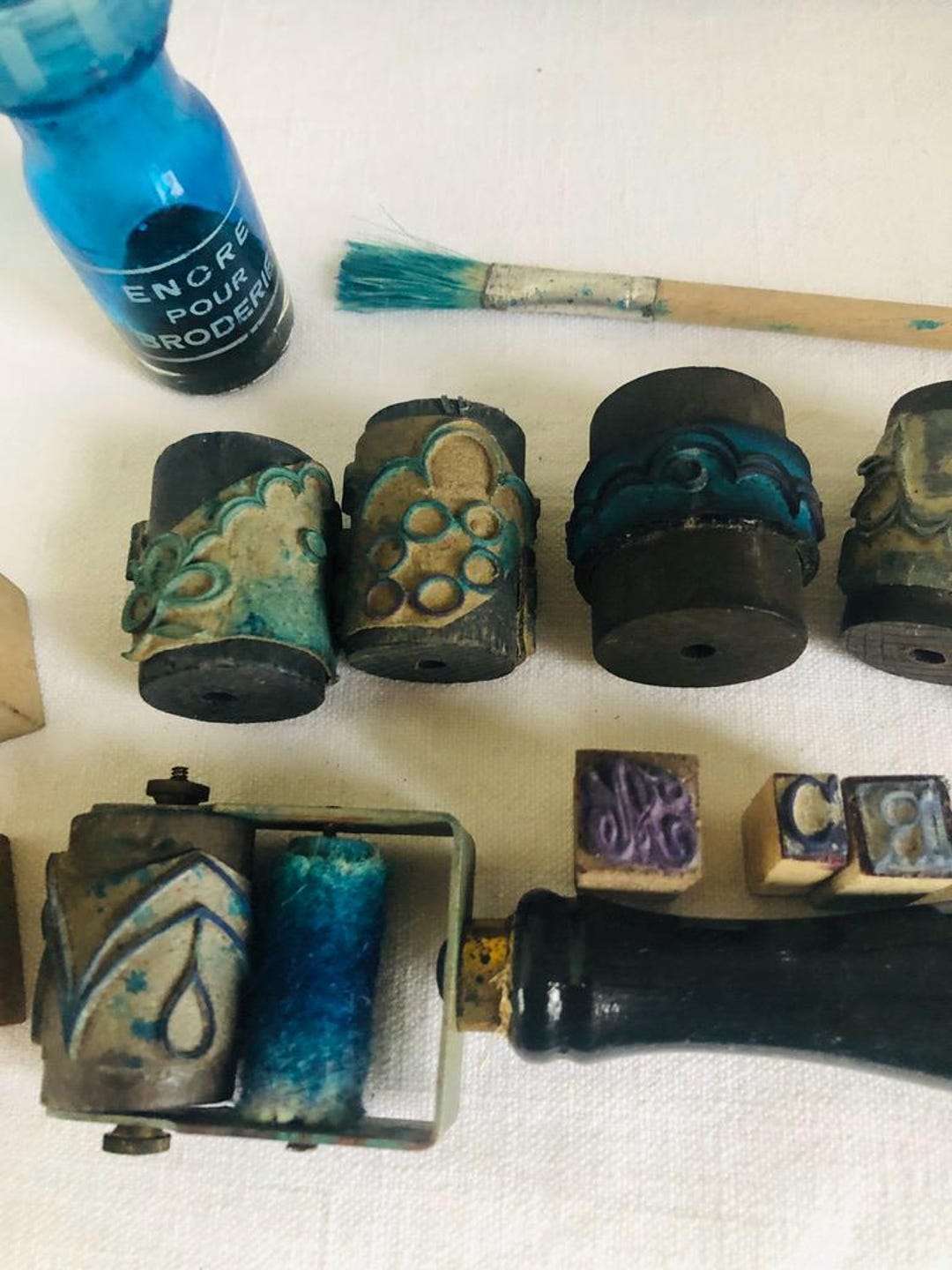 Antique French Fabric Printing Kit Embroidery Rollers Monogram Blocks ...