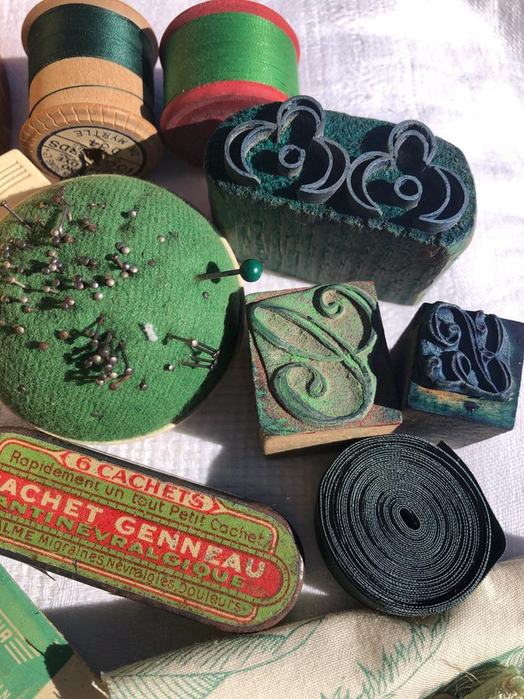 Vintage French Sewing Tin Craft Box With Old Thread, Buttons, Fabric ...