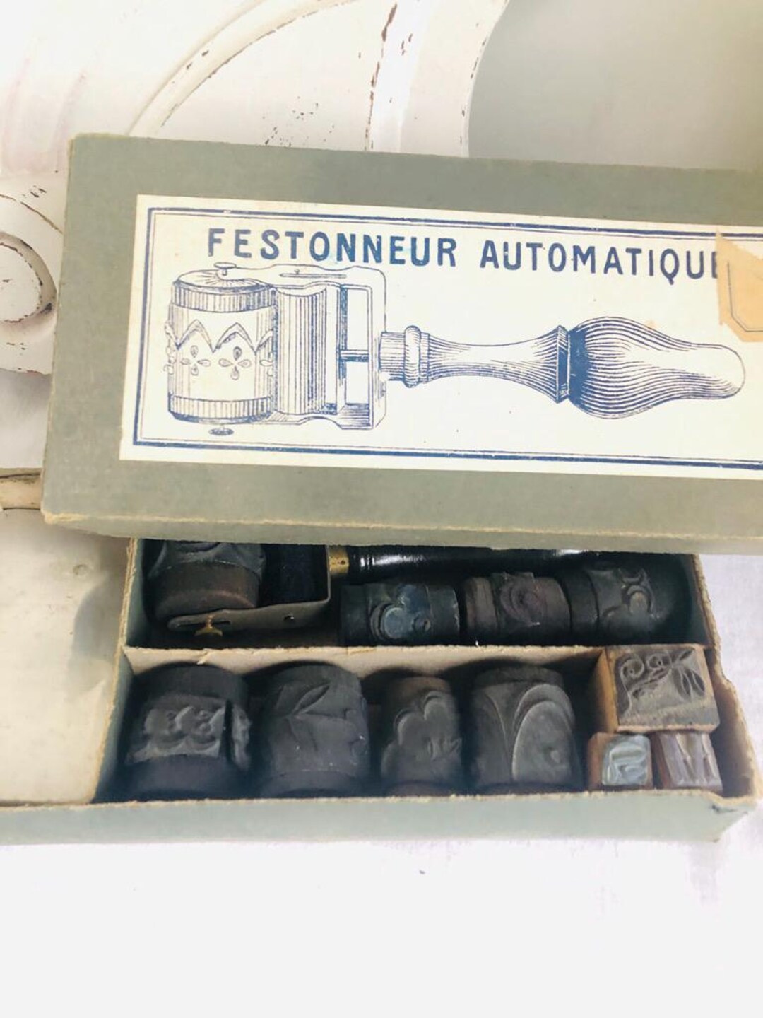 Antique French Fabric Printing Kit Embroidery Rollers Monogram Blocks ...