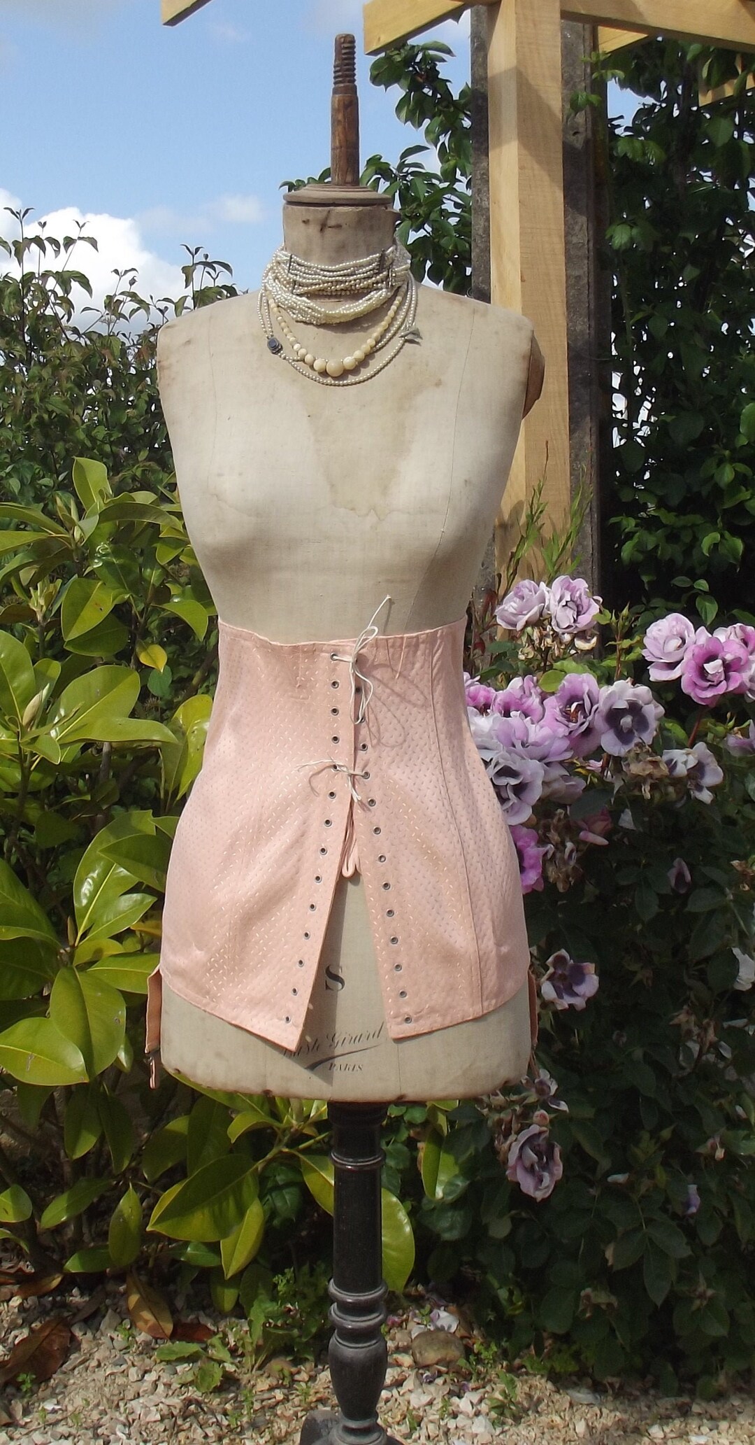 Vintage French Corset Apricot Pink Lace up Girdle Basques Moulin Rouge ...