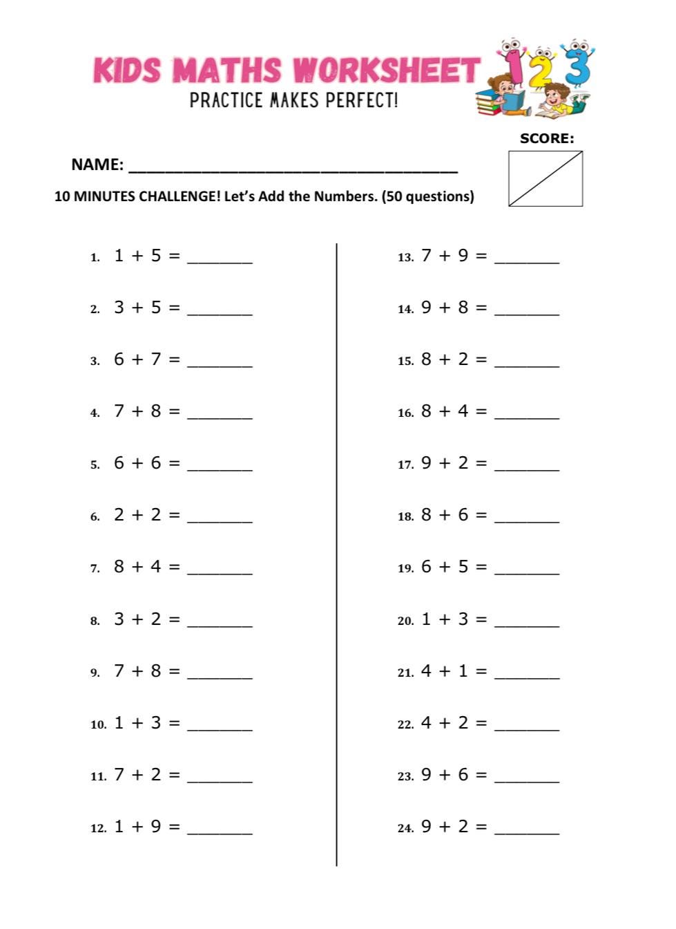 Addition Kids Worksheets Preschool, Math Problems, 1st Grade Single ...