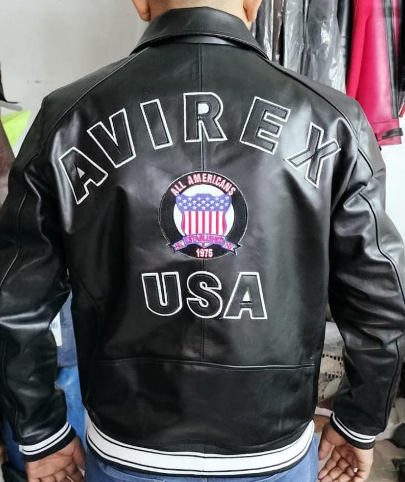 Men's Avirex USA Black Bomber Icon Leather Jacket American Style Real ...
