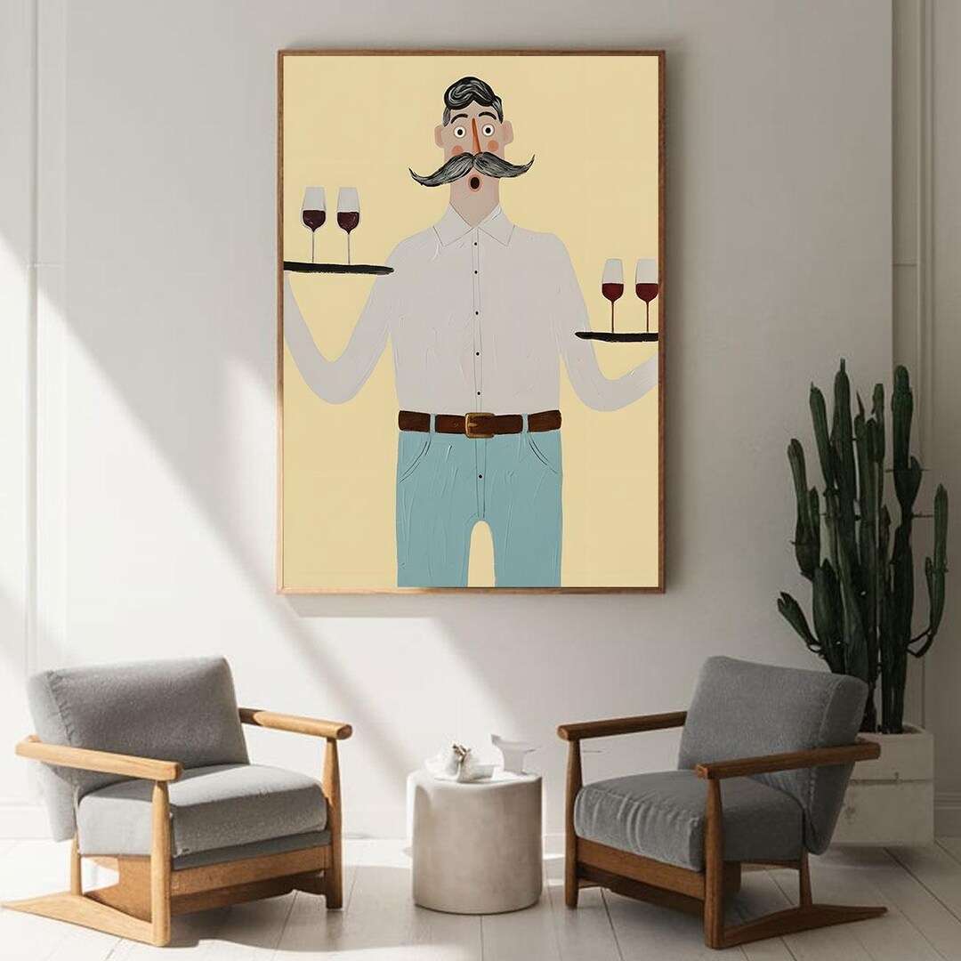 Funny Waiter Wall Art Whimsical Man Illustration Wine Bar Poster Modern ...