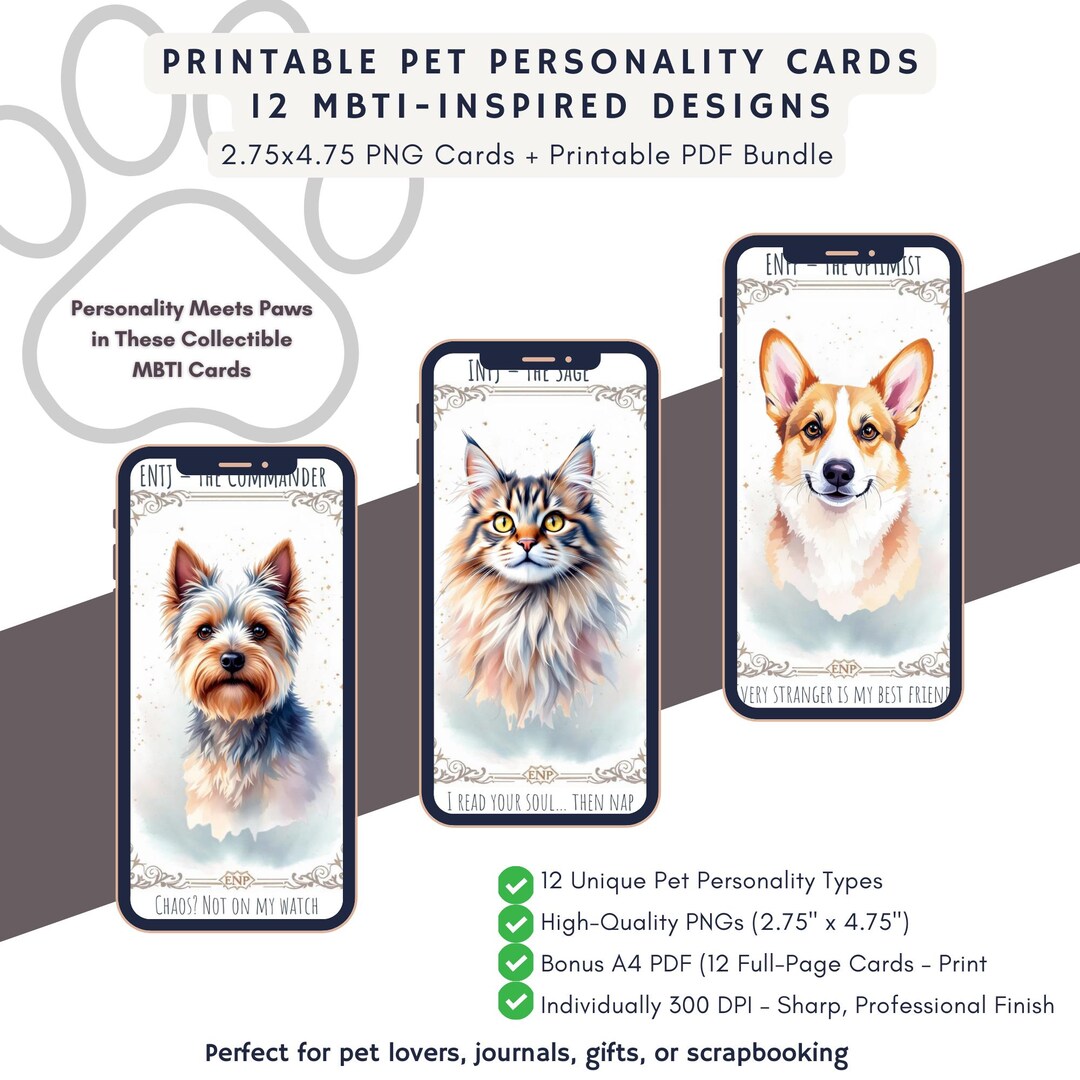 Pet Personality Cards | Dog & Cat MBTI Printable Wall Art | Cute Pet ...