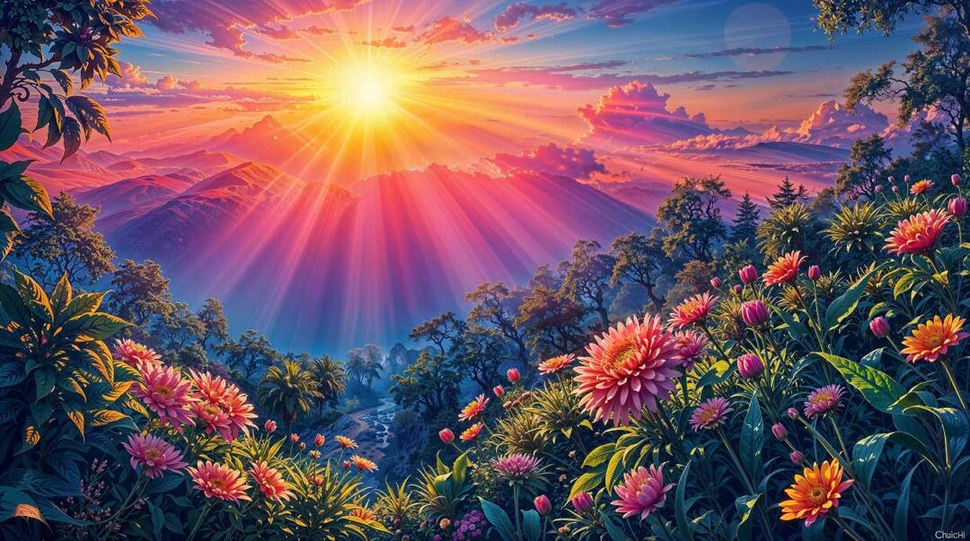 Radiant Sunrise Mountainscape - Printable Digital Art, Fantasy Nature ...