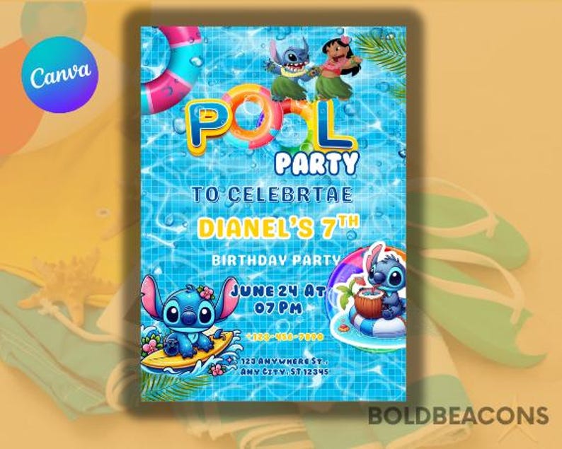 Lilo and Stich Pool Party Birthday Invitation, Kids Birthday Party ...