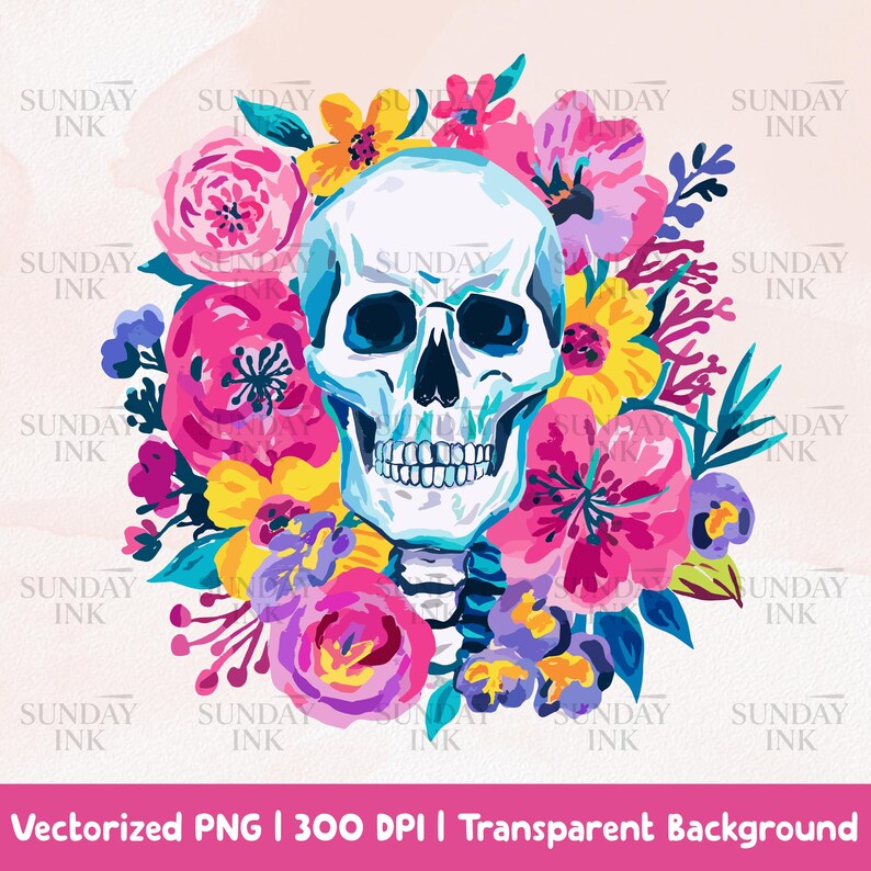 Preppy Skull PNG Instant Download Floral Skeleton Sublimation Clipart ...