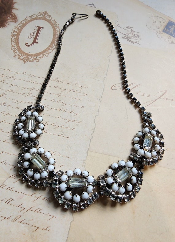 Vintage Milk Glass Rhinestones Gem