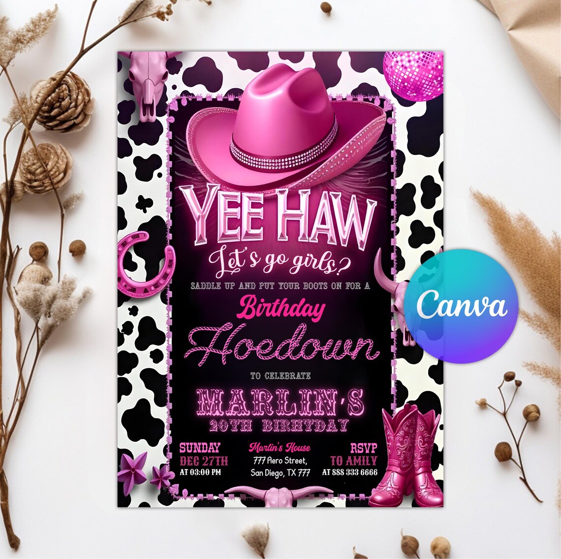 Pink Cowgirl Birthday Invitation, Cowgirl Hoedown Birthday Party Invite ...