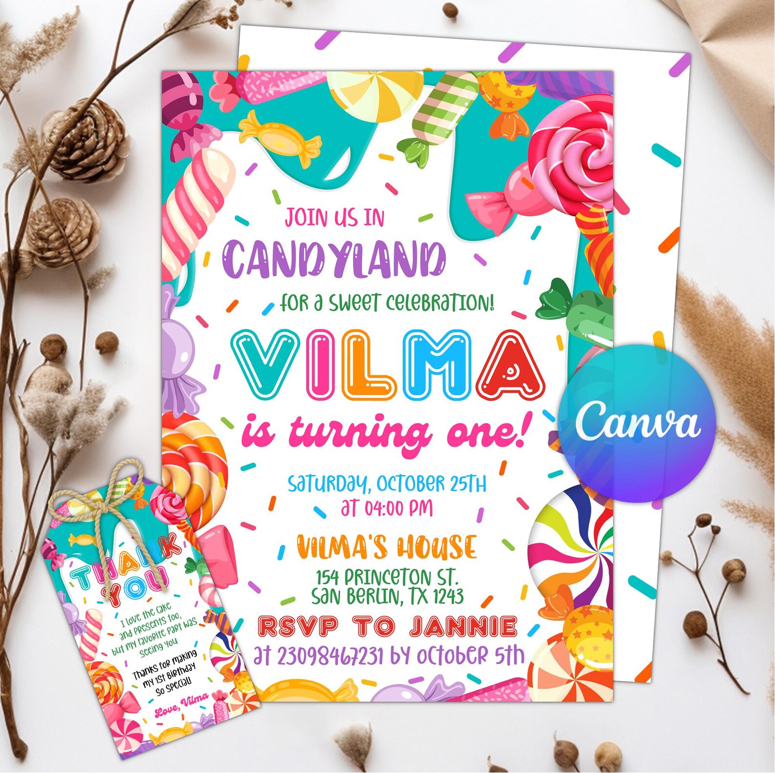 Editable Candyland Birthday Invitation, Rainbow Sweet One Party Invite ...