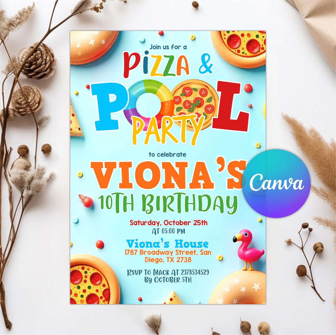 Pizza Pool Party Invitation, Pool Birthday Party Invitation, Swimming ...