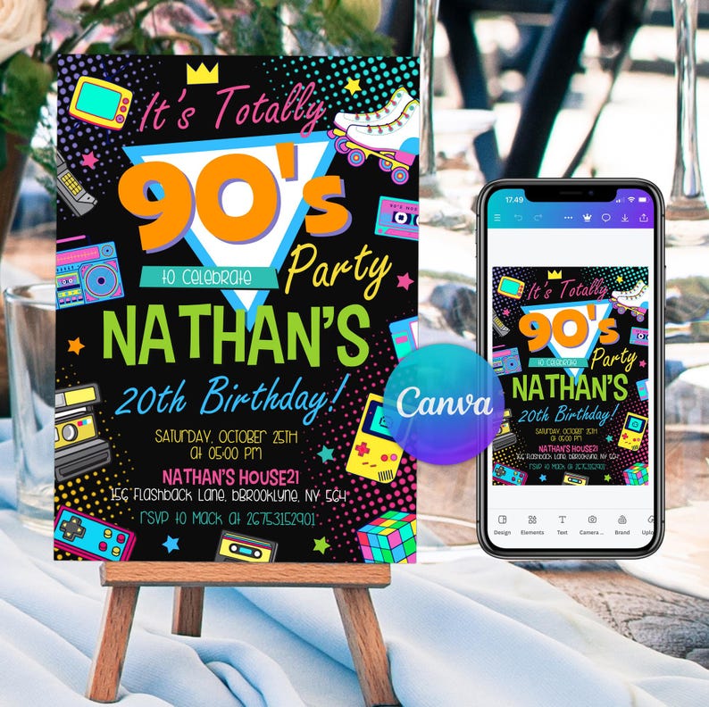 Editable 90s Birthday Party Invitation Back to the 90s Neon Party Glow ...