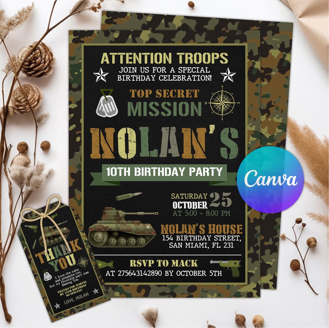 Military Party Invitations, Army Birthday Invitation, Soldier Birthday ...