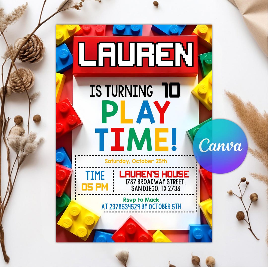 Editable Building Blocks Birthday Invitation, Toy Bricks Play Time ...