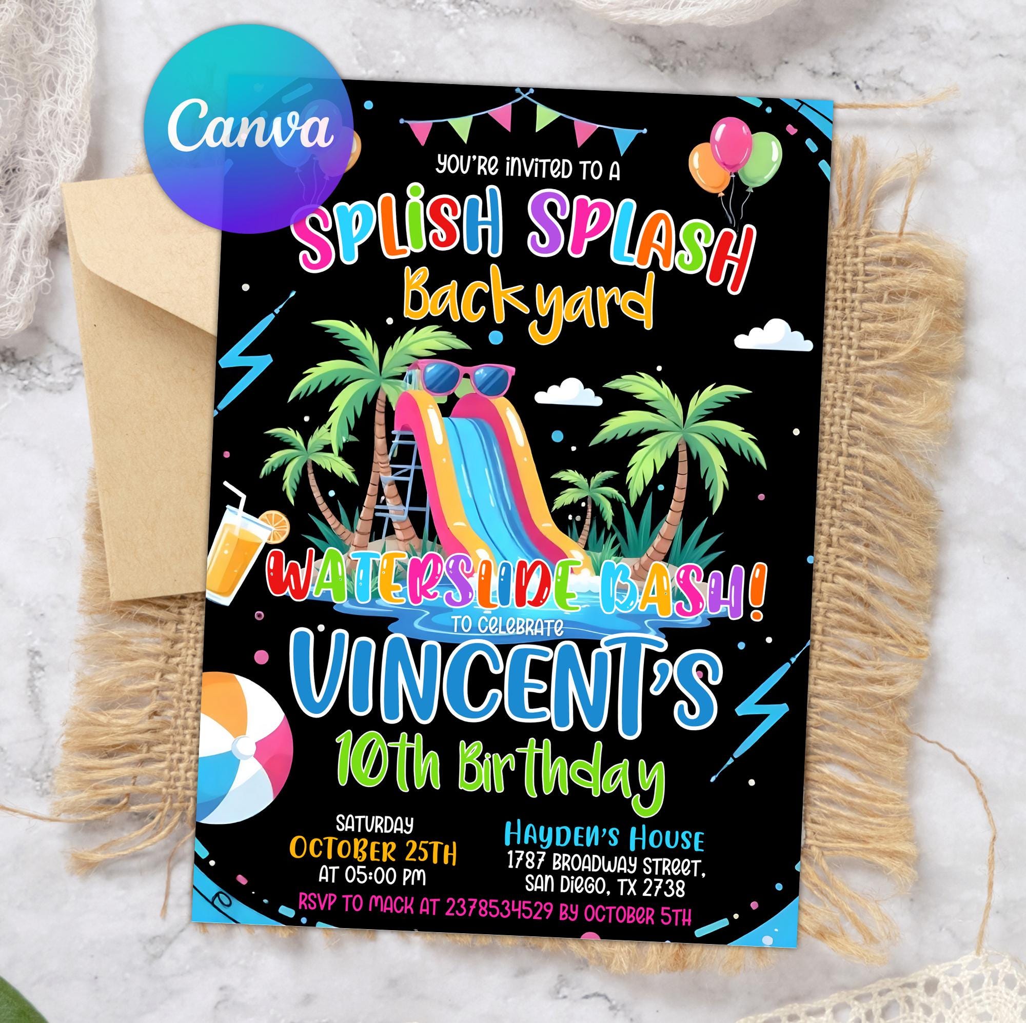 Waterslide Birthday Invitation, Boy or Girl Splash Party Invite, Summer ...