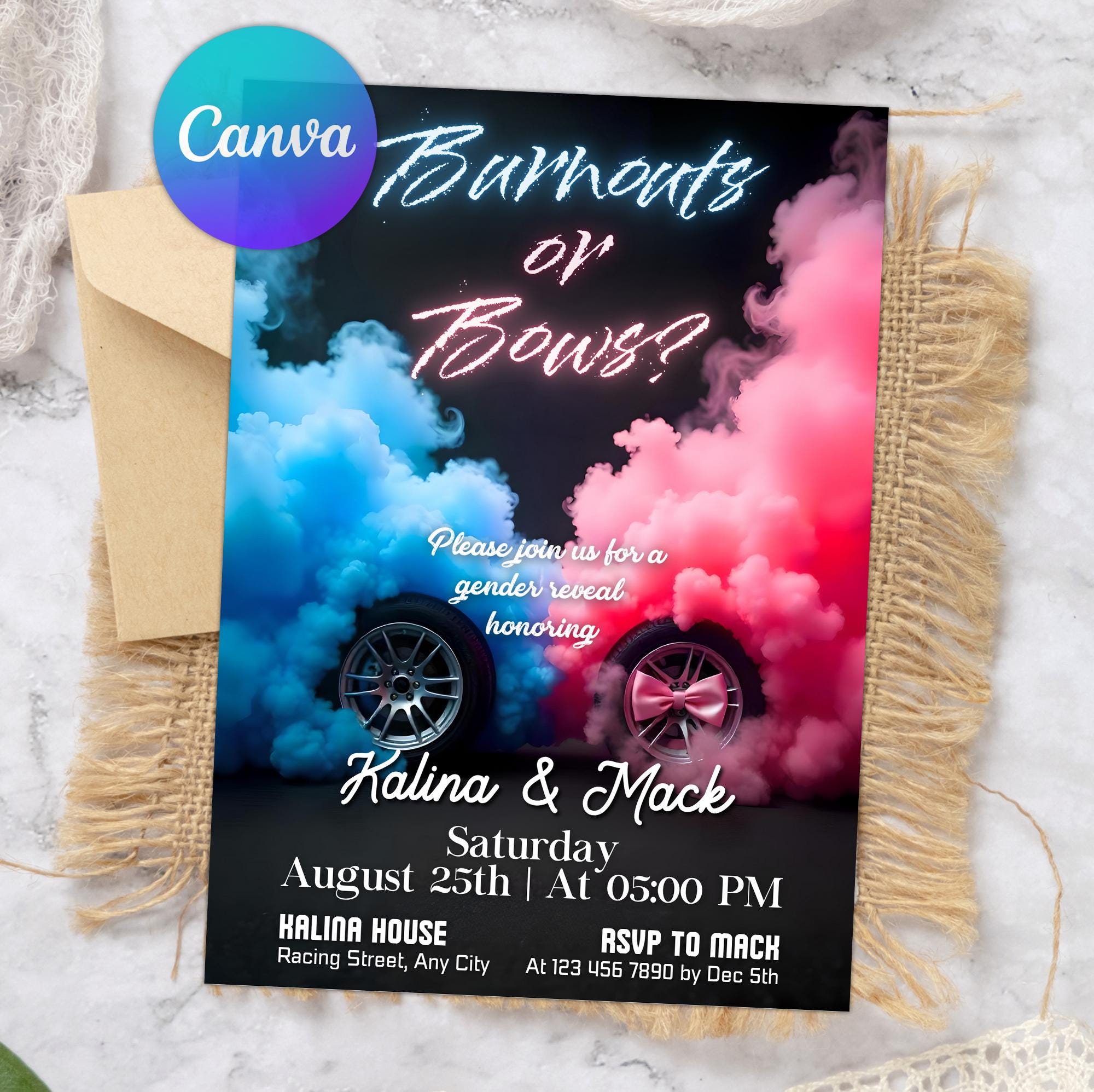 Editable Burnouts or Bows Gender Reveal Baby Shower Invitation, Boy or ...