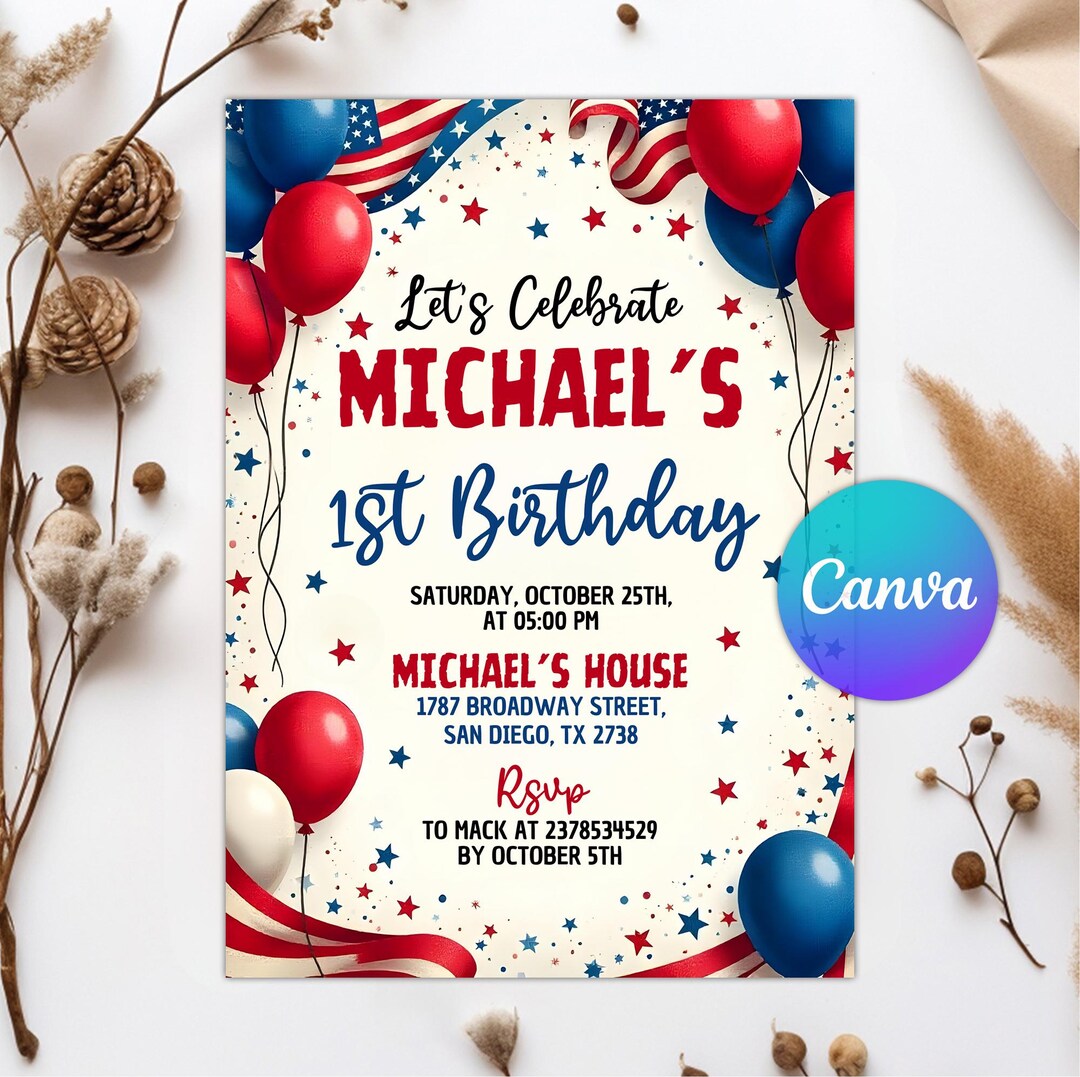 4th of July Birthday Invitation Template, Summer Patriotic Party Invite ...