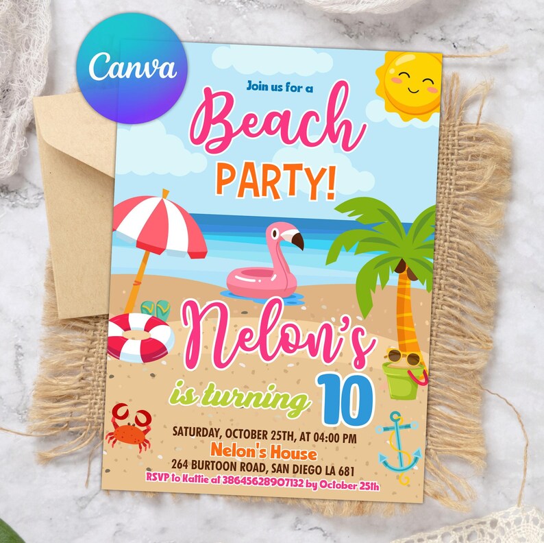 Editable Beach Invitation, Beach Birthday Party Invitation, Ocean ...