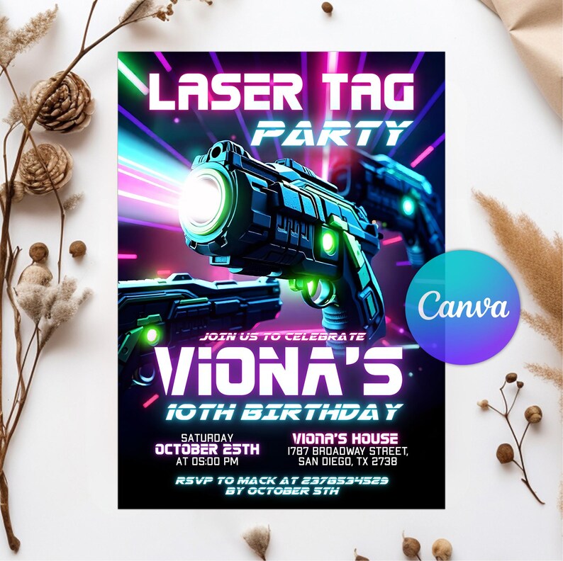 Neon Laser Tag Birthday Invitation: Editable Canva Template (digital ...