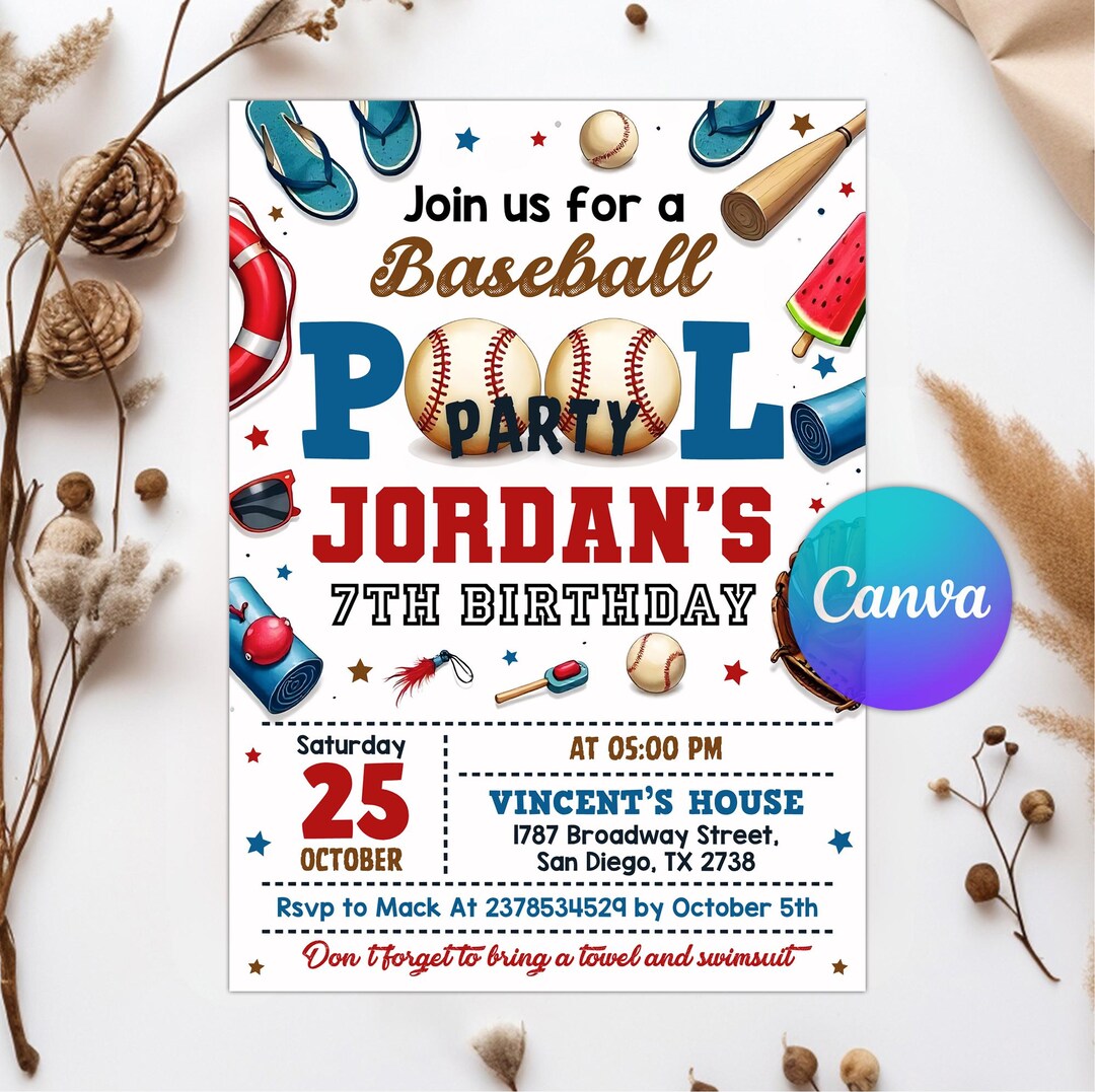 Editable Baseball Pool Party Invitation, Summer Sports Birthday Invite ...