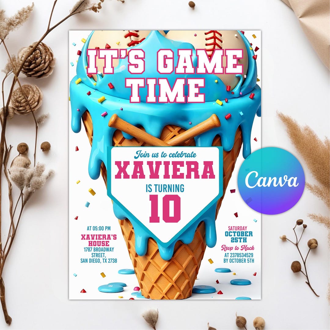 Editable Baseball Drip Birthday Invitation, Ice Cream Drip Birthday ...