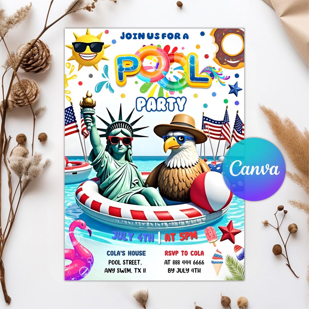Editable Independence Day Pool Party Patriotic, 4th of July Pool Party ...