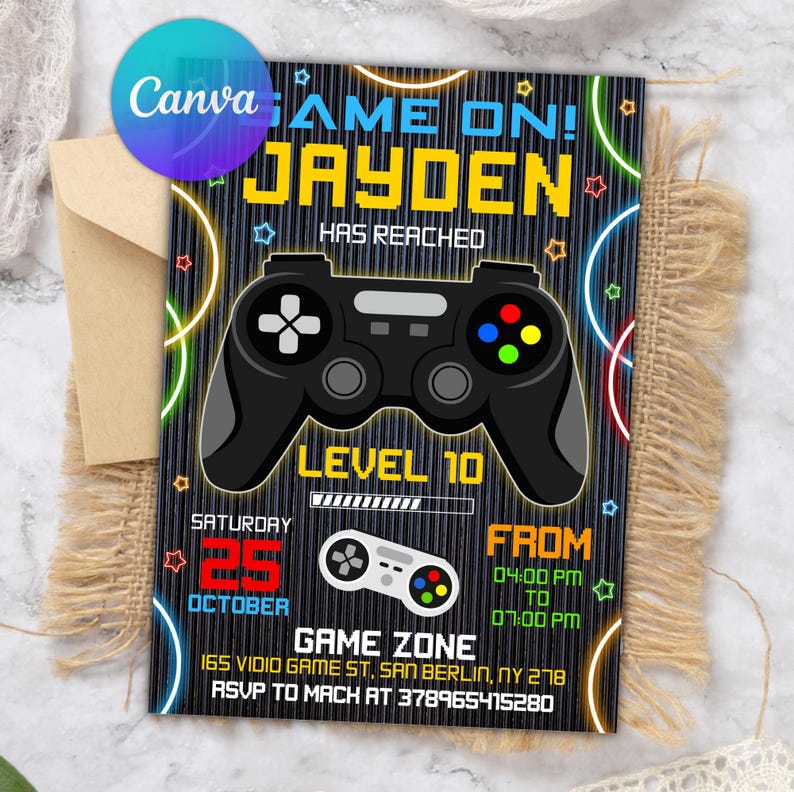 Editable Video Game Birthday Invitation, Arcade Gaming Party, Level up ...
