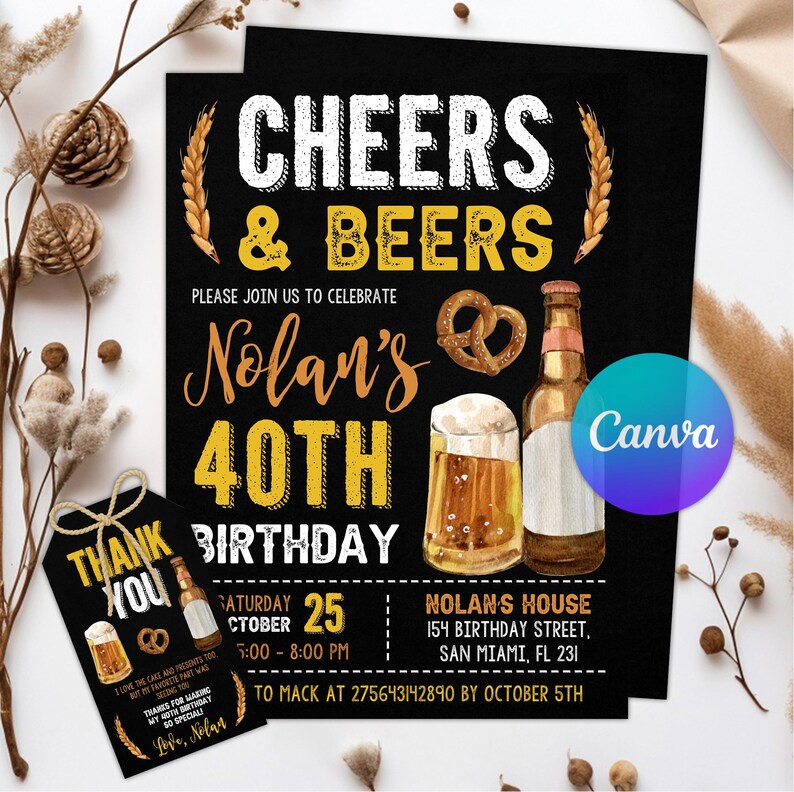Editable Cheers and Beers Birthday Invitation: Modern Any Age Party ...