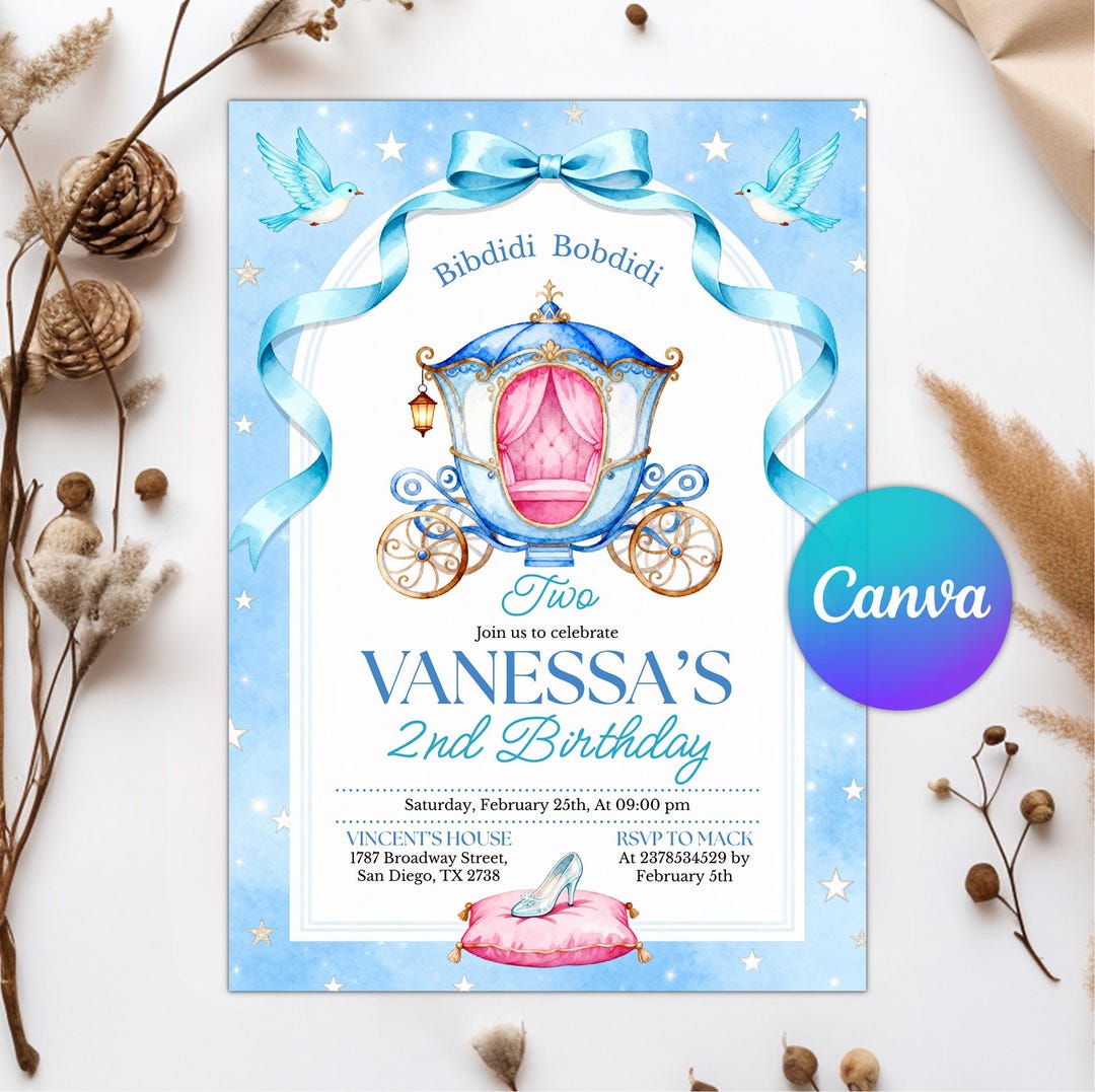 Bippity Boppity Two Birthday Invitation, Watercolor Cinderella Princess ...