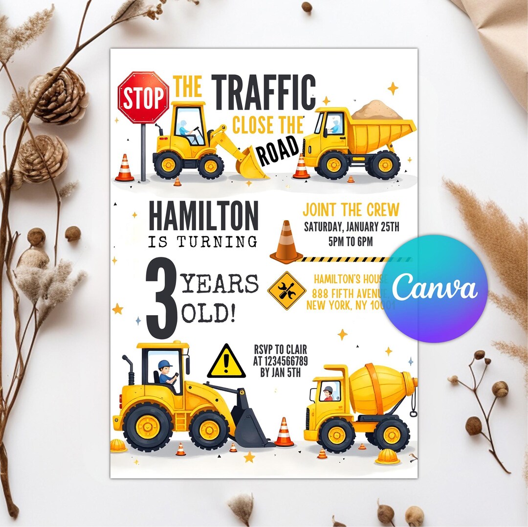 Construction Birthday Invitation, Editable Dump Truck Excavator Party ...