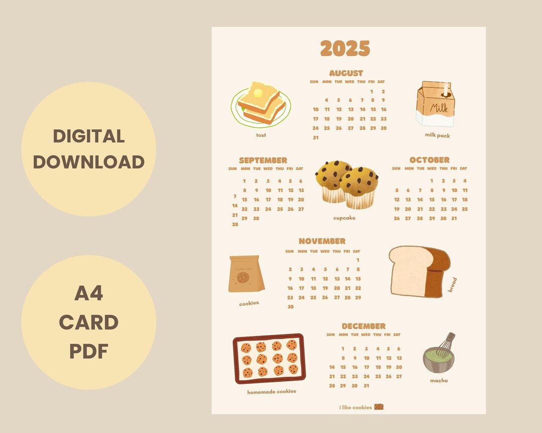August-december Cute 2025 Printable Calendar PDF | Kitchen Wall Decor ...