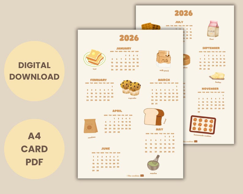 Bakery Kitchen Printable 2026 Calendar | Cute Baking Wall Art ...
