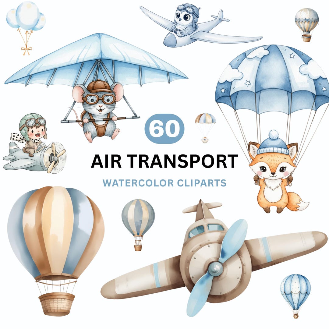 Watercolor Air Transport Clipart Bundle, Cute Airplane, Helicopter, Hot ...