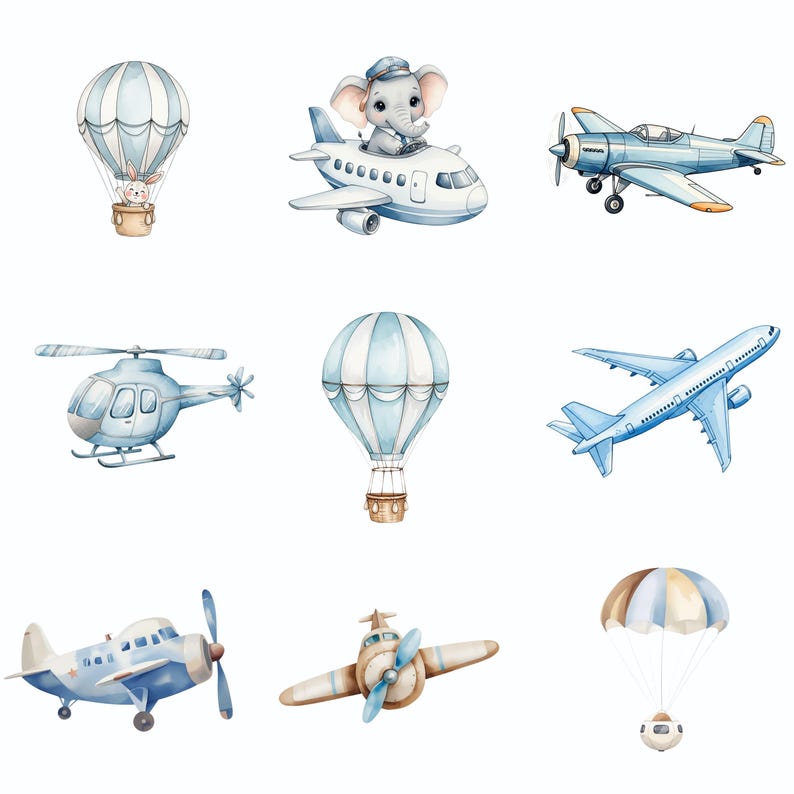 Watercolor Air Transport Clipart, Cute Blue Plane, Hot Air Balloon ...