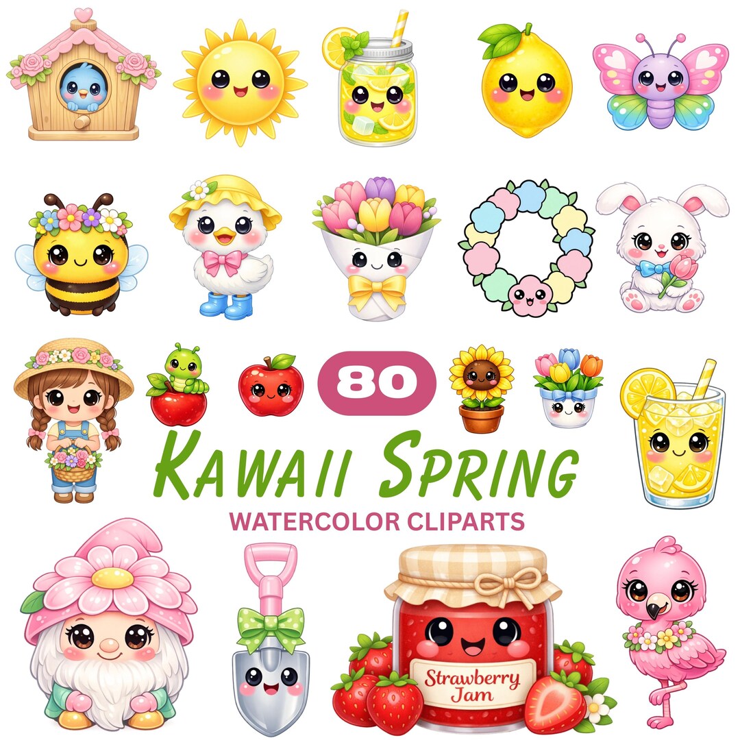 Kawaii Spring Clipart Bundle PNG, Easter Chick Flowers, Cute Pastel ...