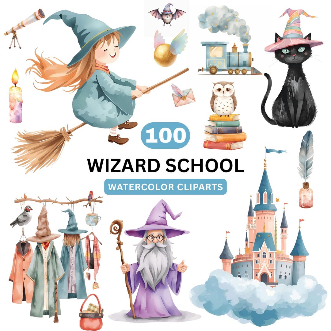 Watercolor Wizard School Clipart: Magic Potions, Spells, Castle ...