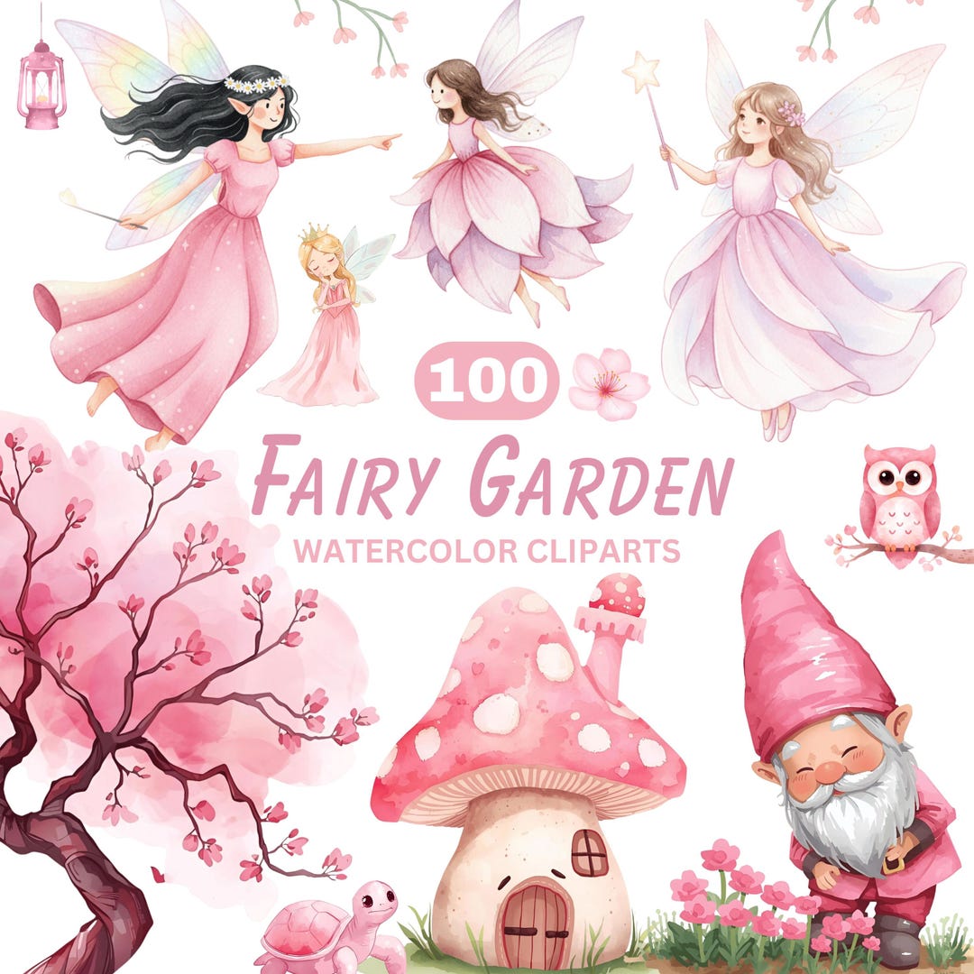 Watercolor Pink Fairy Clipart Bundle, Garden PNG Images (digital ...