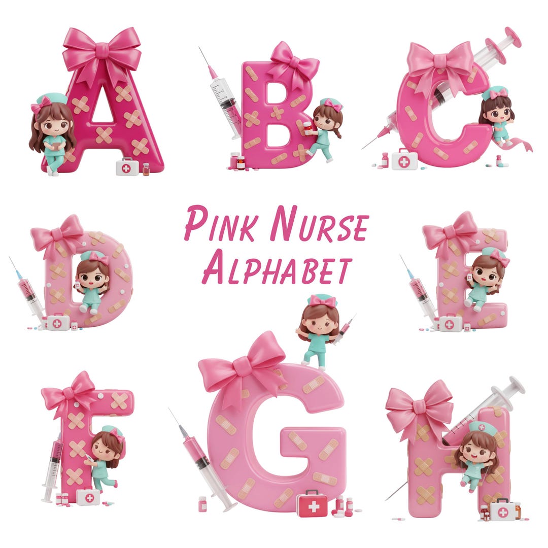 3D Chibi Nurse Alphabet Clipart: Pink Bow Doodle Letters (PNG Digital ...