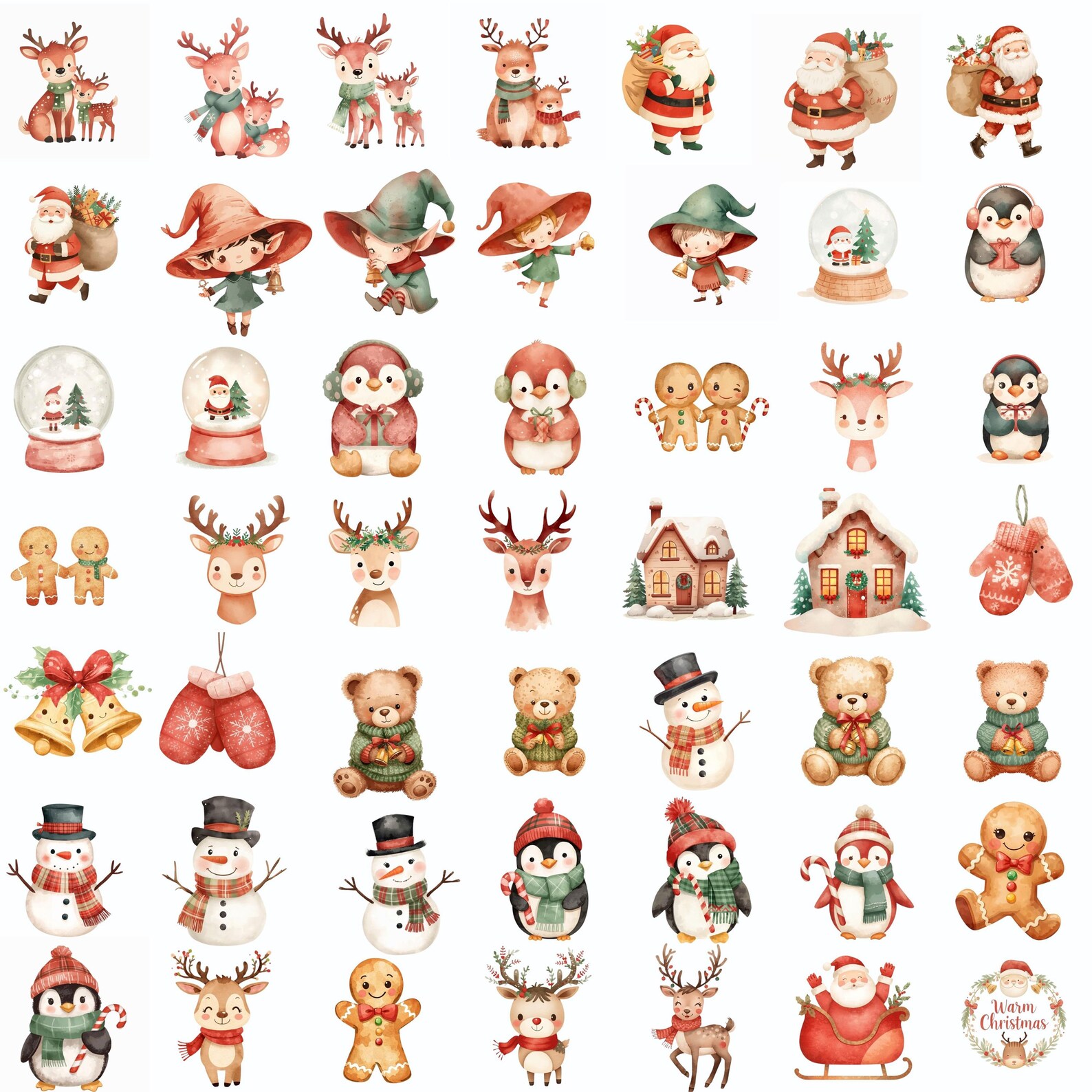 Watercolor Christmas Clipart Bundle, Kawaii PNG Images (digital ...
