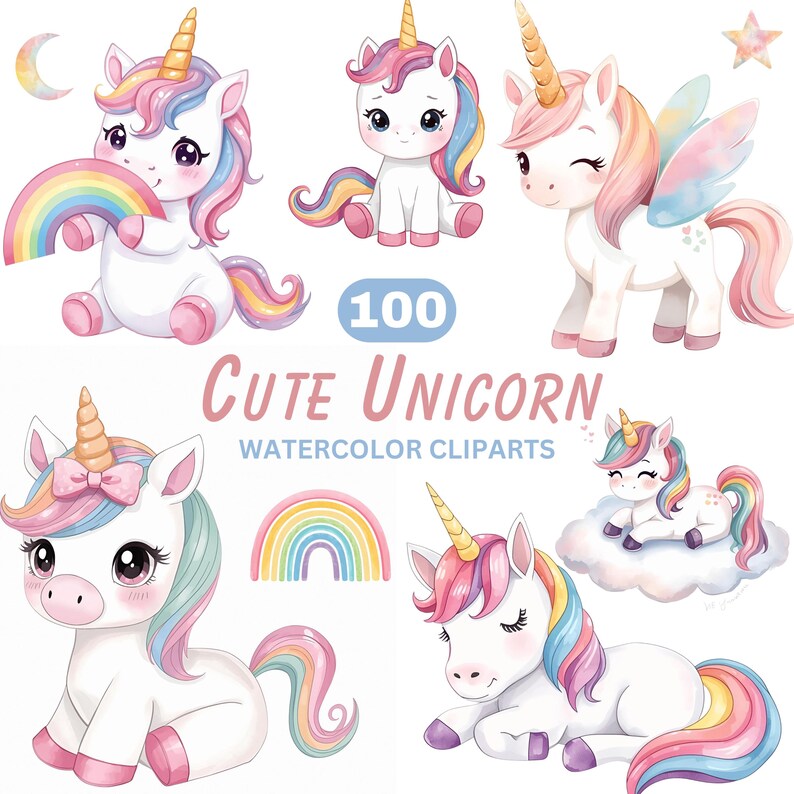 Watercolor Unicorn Clipart Bundle – Rainbow Unicorn PNG Images ...