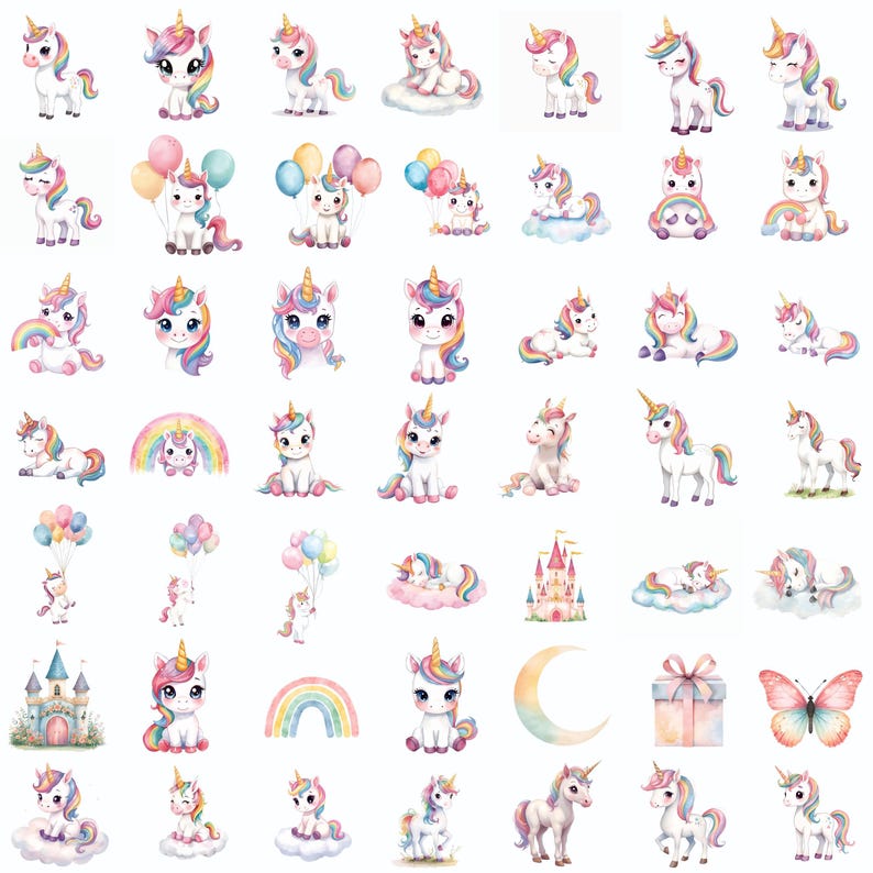 Cute Unicorn Clipart Bundle – Watercolor Rainbow Unicorn PNG, Nursery ...