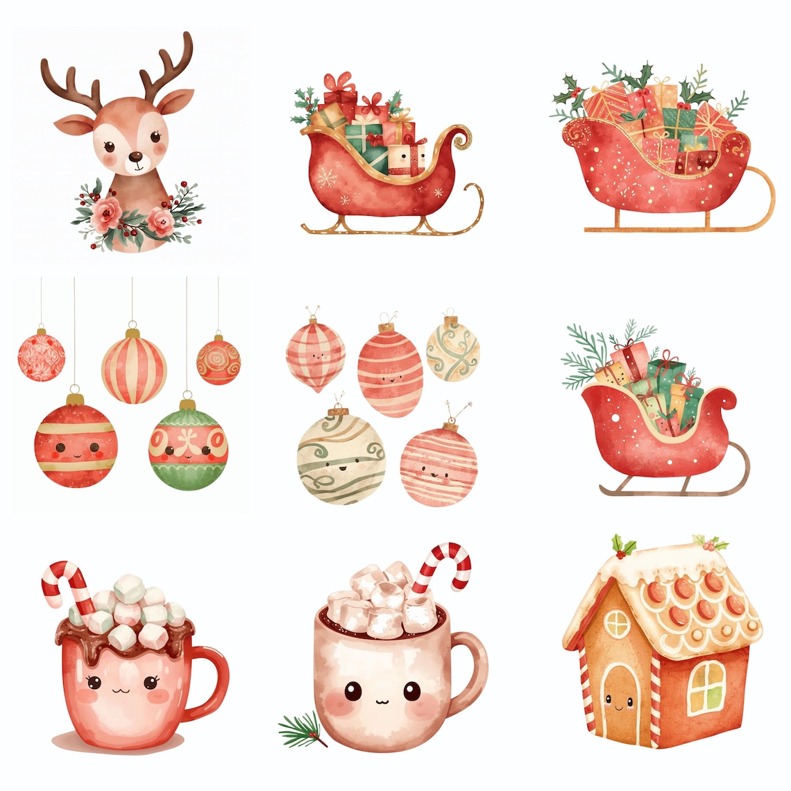 Watercolor Christmas Clipart Bundle, Kawaii PNG Images (digital ...