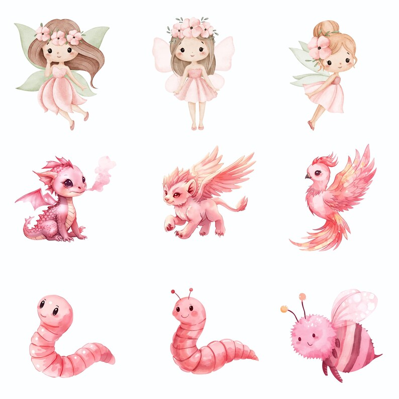 Watercolor Pink Fairy Clipart Bundle, Garden PNG Images (digital ...