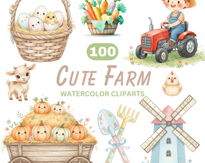 Cute Farm Clipart, Farm Animals Watercolor, Farm Baby Animals, Little ...