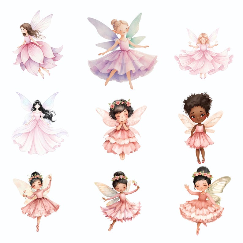 Watercolor Pink Fairy Clipart Bundle, Garden PNG Images (digital ...